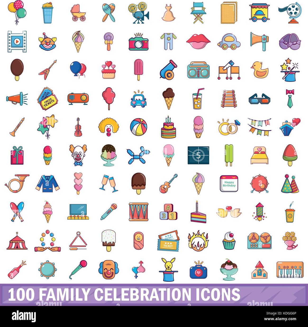 100 family celebration icons set, cartoon style Stock Vector Image ...
