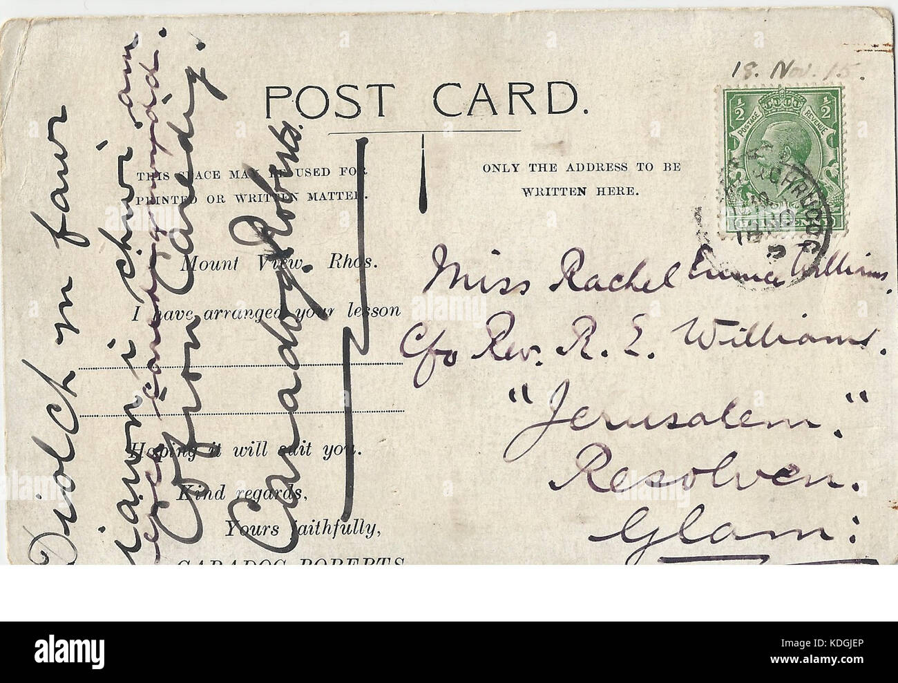 This postcard, sent by Caradog Roberts to Rachel Jenkins, reflects ...