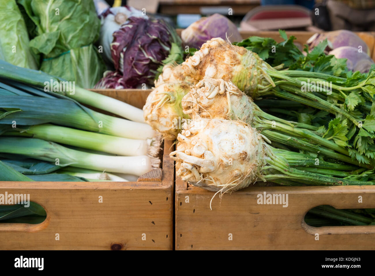 Assorted fresh green vegetables in boxes at a farmers market after ...