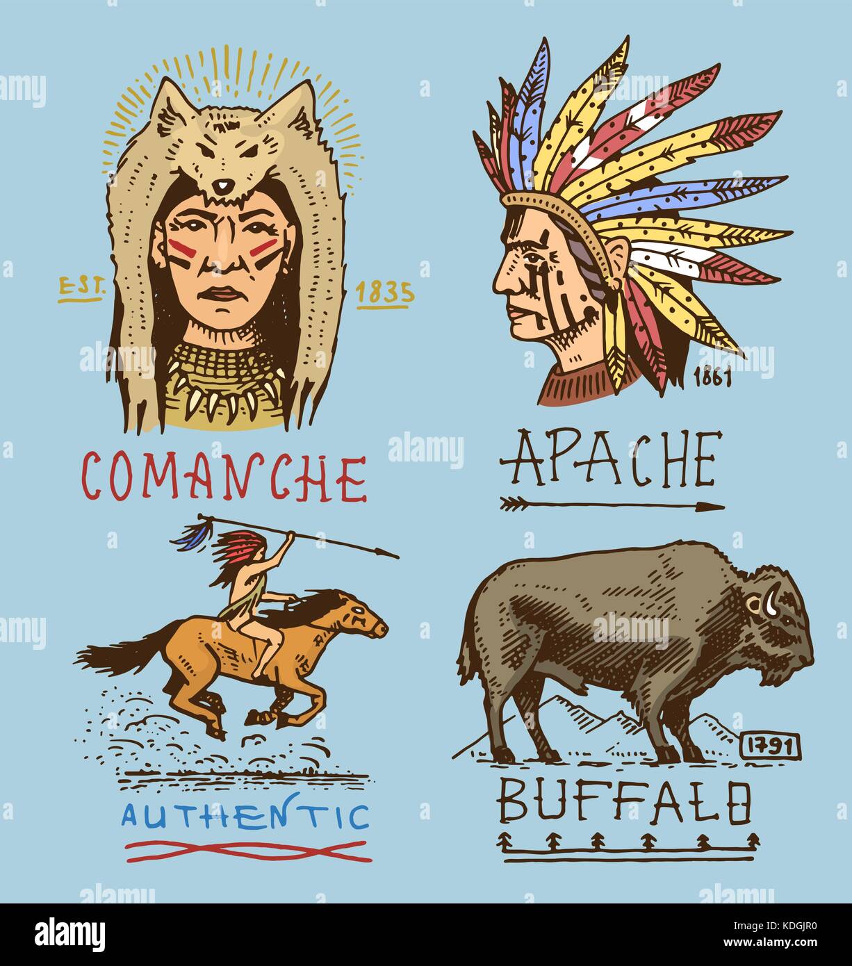 set of engraved vintage, hand drawn, old, labels or badges for indian ...