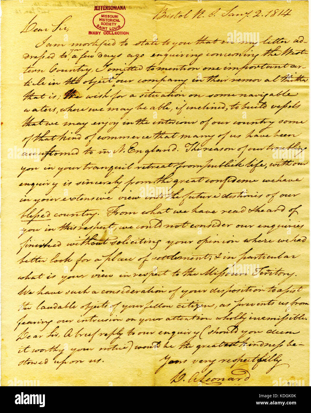Letter from David A. Leonard, Bristol, Rhode Island, to Thomas ...