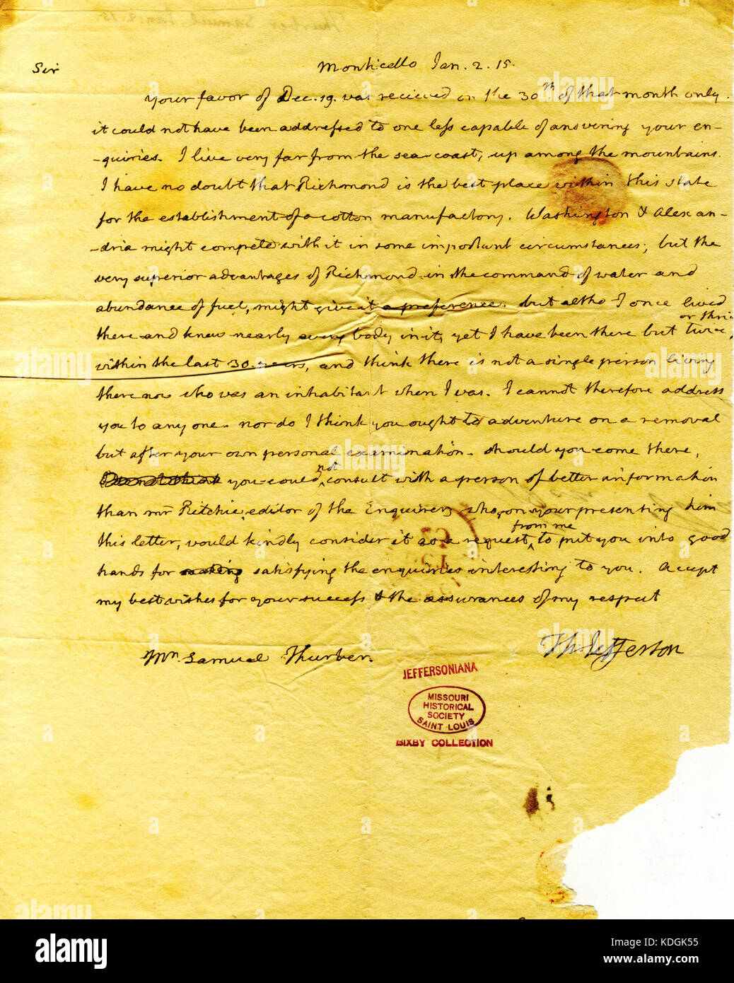 Letter from Thomas Jefferson, Monticello, to Samuel Thurber, January 2 ...