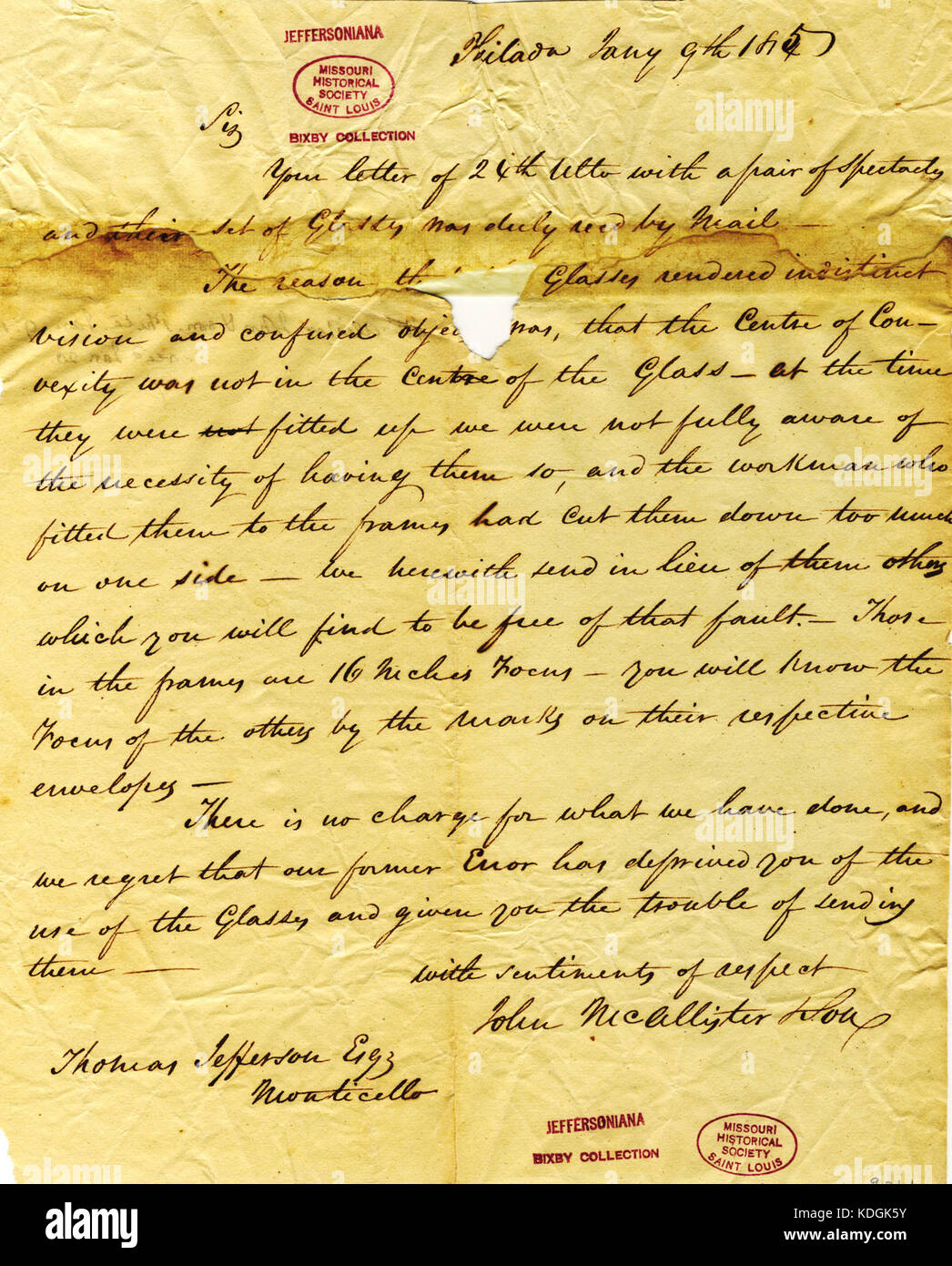 Letter from John McAllister and Son, Philadelphia, to Thomas Jefferson ...