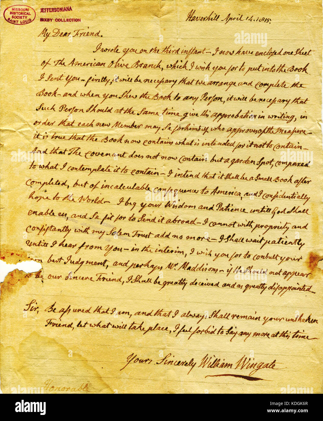 Letter signed William Wingate, Haverhill, to Thomas Jefferson, April 14 ...