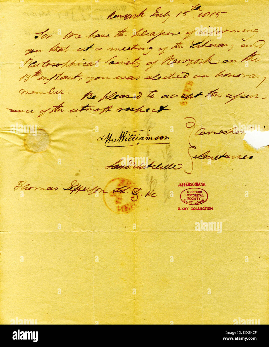 Letter signed Hugh Williamson and Samuel L. Mitchell, New York, to ...