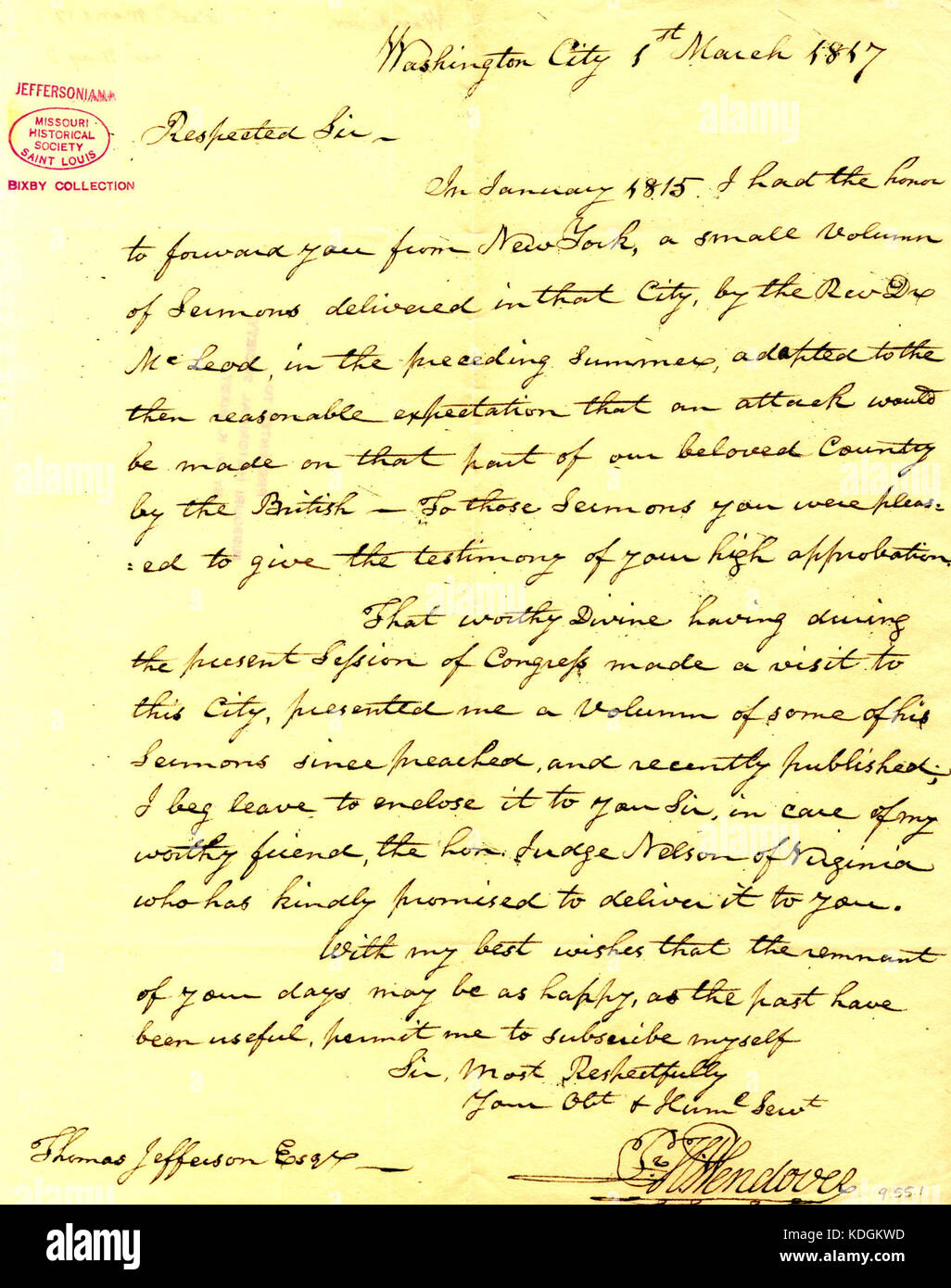 Letter thomas jefferson washington hi-res stock photography and images ...