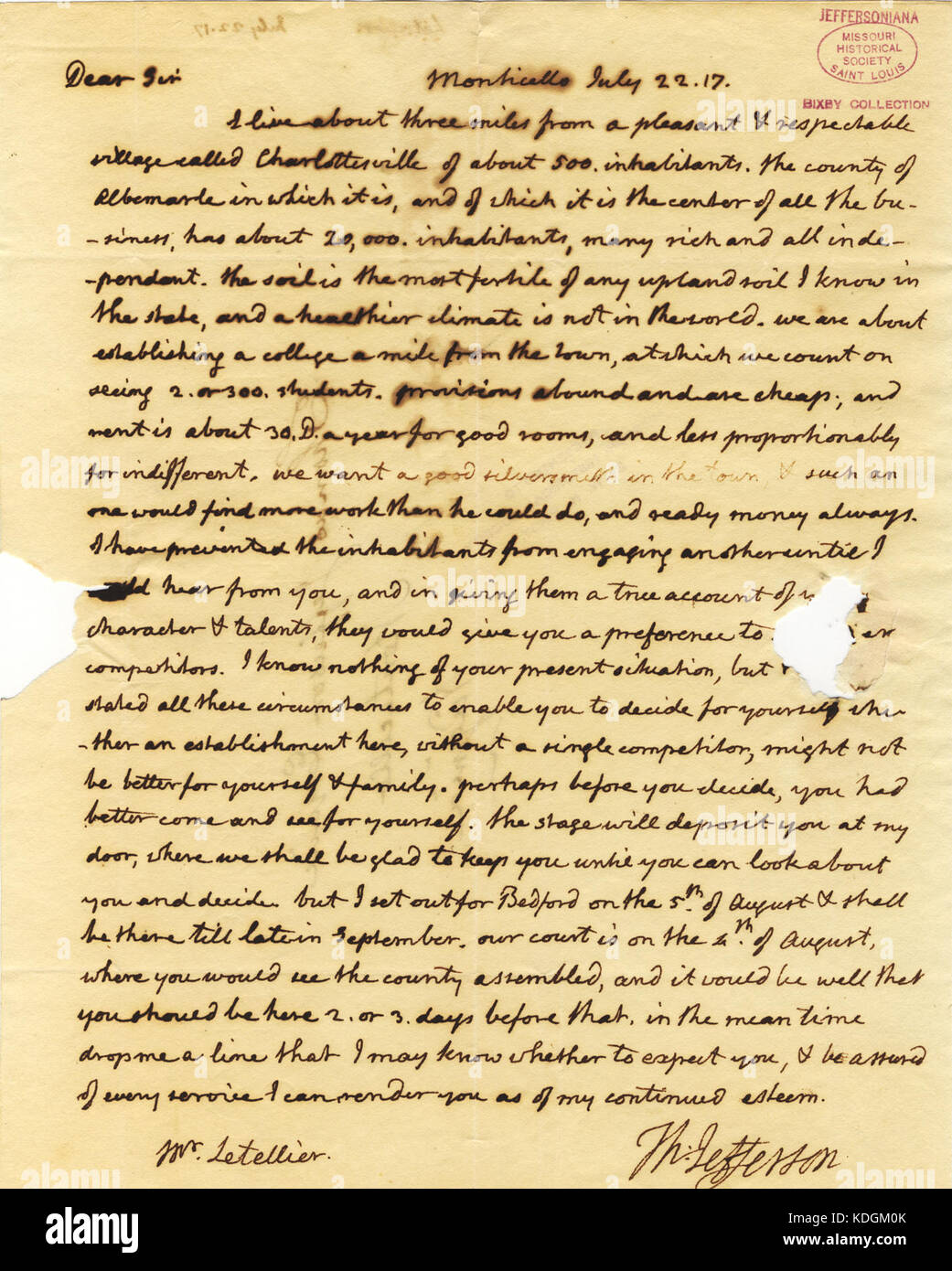 Letter signed Thomas Jefferson, Monticello, to John Letellier, July 22 ...