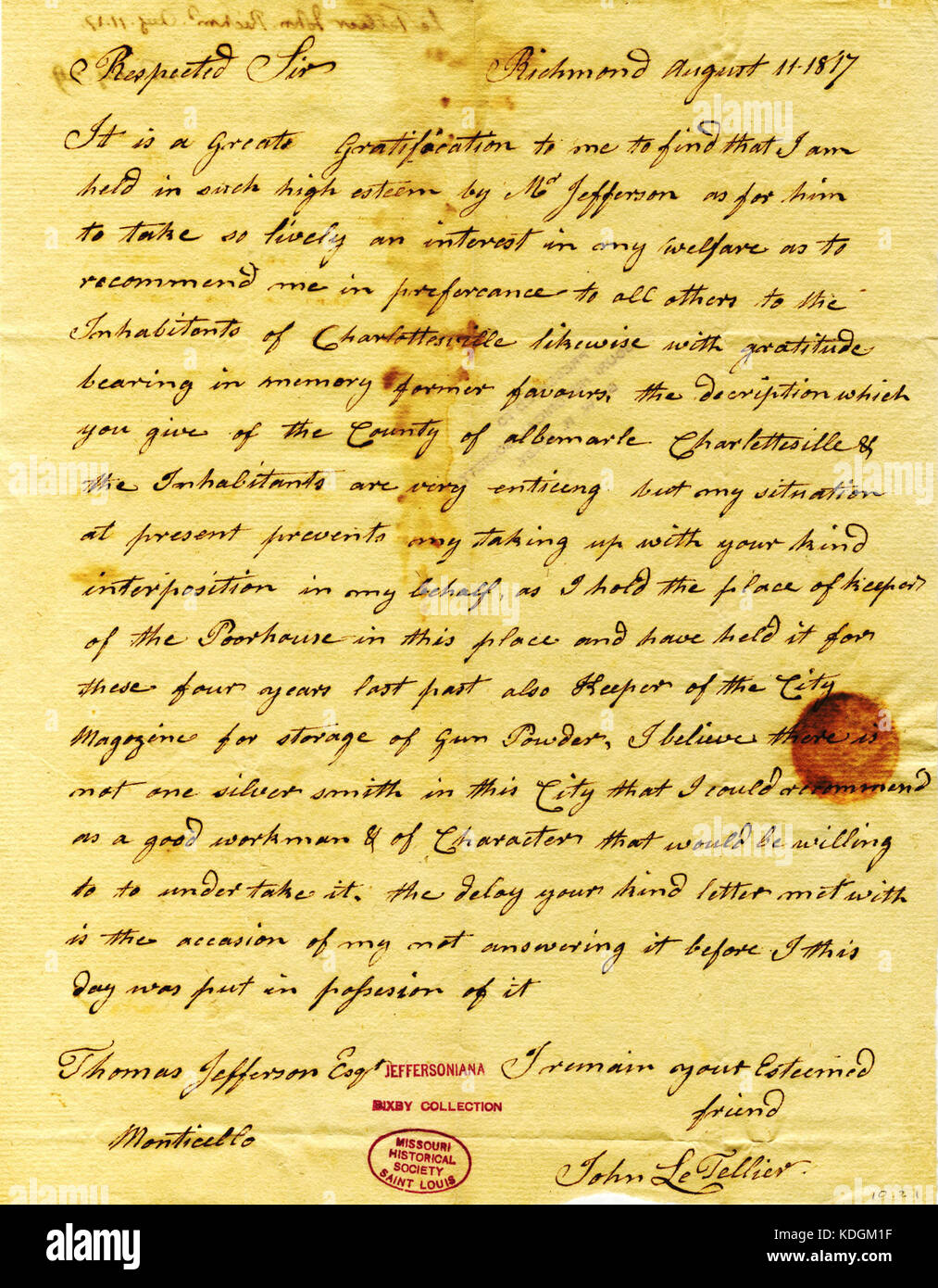 Letter signed John LeTellier, Richmond, to Thomas Jefferson, August 11 ...