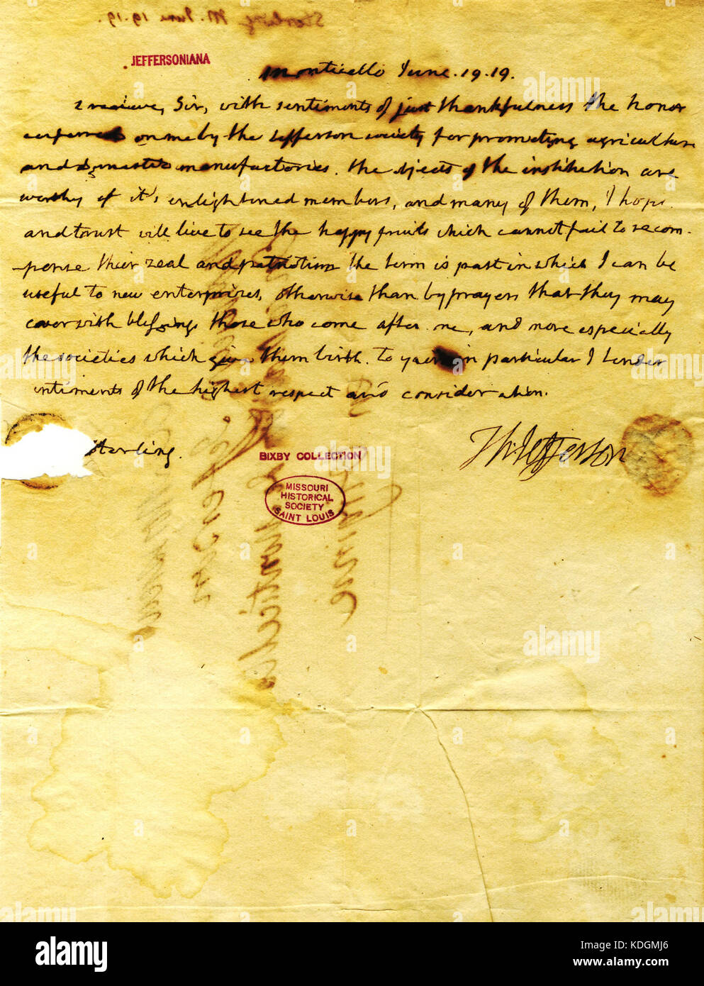 Letter signed Thomas Jefferson, Monticello, to M. Sterling, June 19 ...