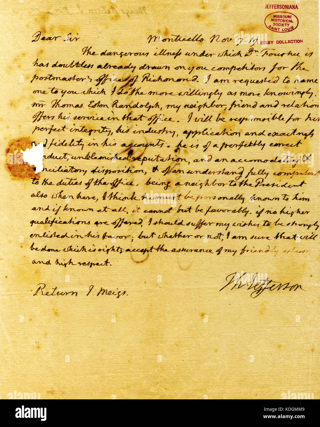 Letter signed Thomas Jefferson, Monticello, to Return J. Meigs ...