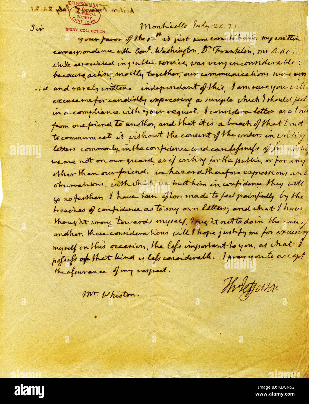 Letter signed Thomas Jefferson, Monticello, to Francis Whiston, July 24 ...