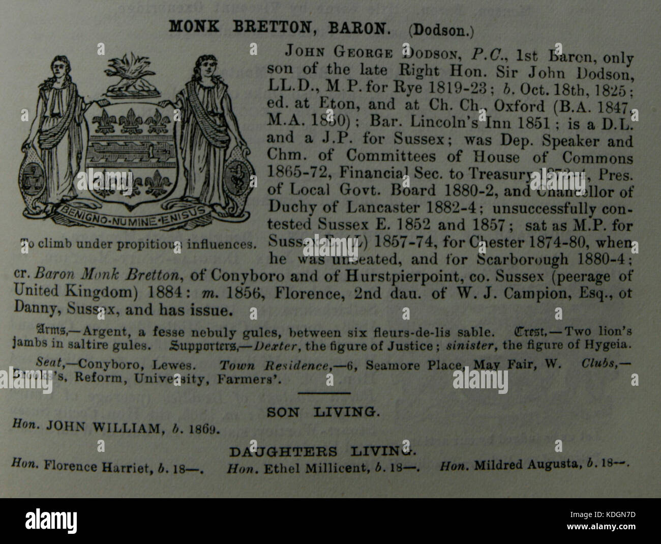Lord Monk Bretton as described by Debrett's Peerage, London, 1888 Stock ...