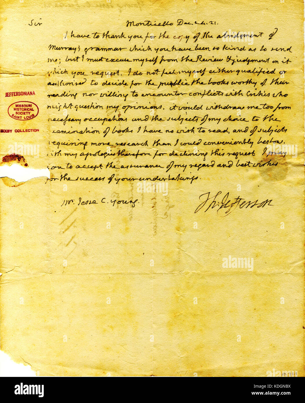 This letter, written by Thomas Jefferson from Monticello, was addressed ...