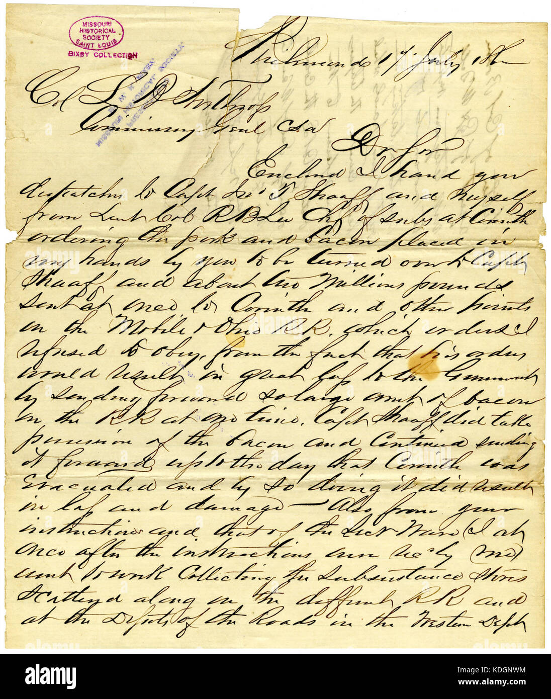 Letter signed O.C. Boone, Commissary Agent, C.S.A., Richmond, to Col. L ...