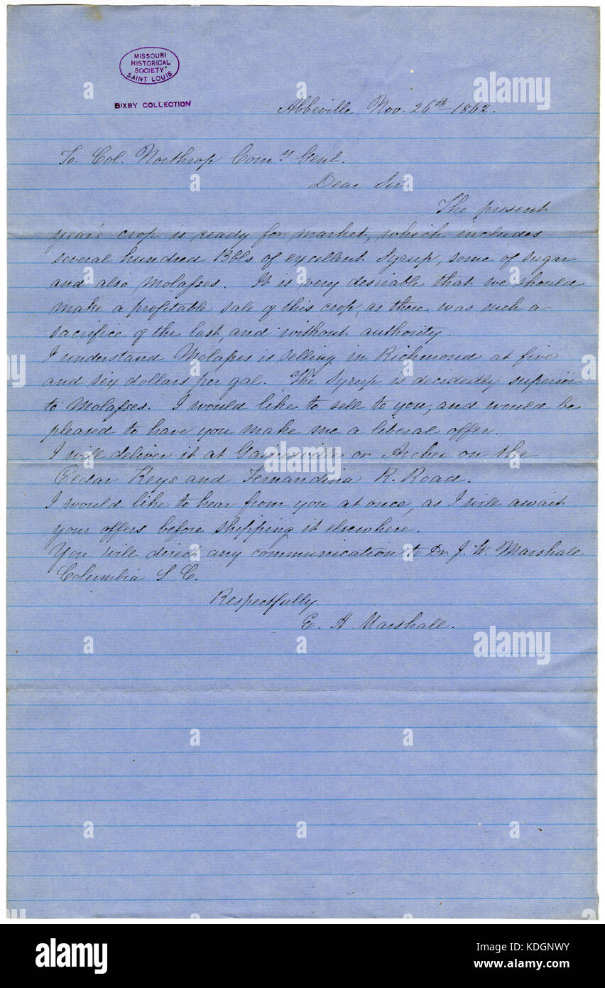 Letter signed E.H. Marshall, Abbeville, to Col. Northrop (Lucius B ...
