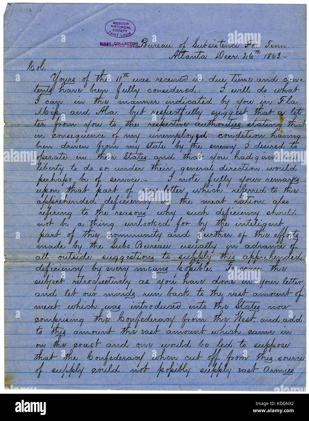 Letter signed R.T. Wilson, Bureau of Subsistence for Tenn., Atlanta, to ...