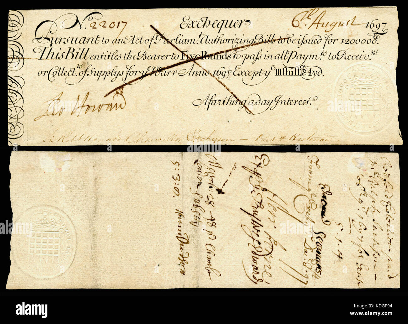 Kingdom of England Exchequer note 5 Pounds (1697 Stock Photo - Alamy