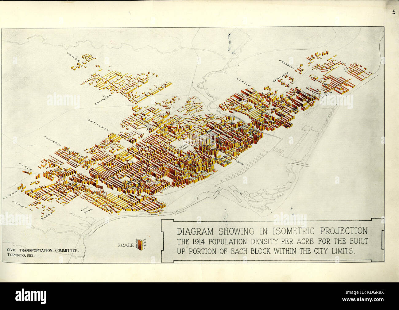 A historical map showing the population density in Toronto in 1914. The ...