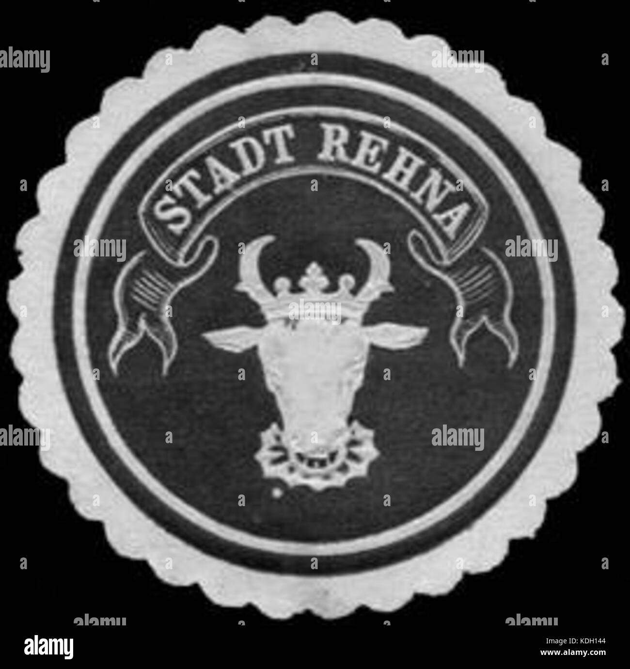 The 'Siegelmarke Stadt Rehna' represents the official seal of Rehna, a ...