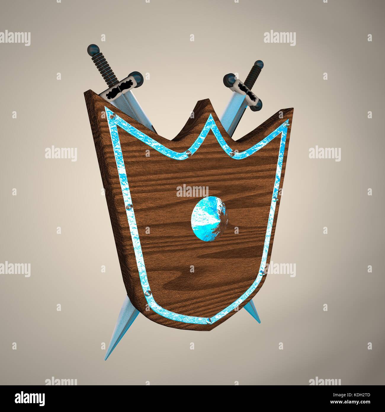 Old shield with swords pending from the wall, 3d rendering Stock Photo ...