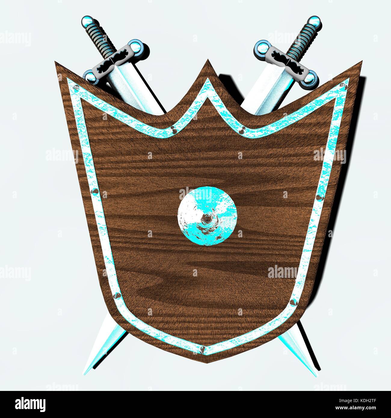 Old shield with swords pending from the wall, 3d rendering Stock Photo ...