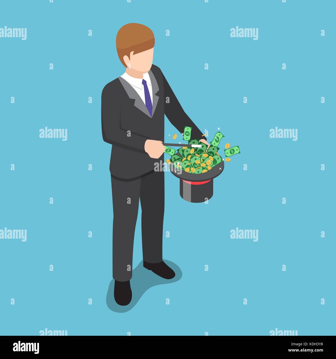 Flat 3d isometric businessman use a magic trick to making money from ...