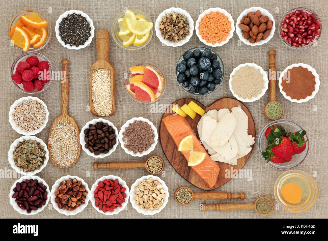 Super food for healthy dieting with high protein fish and meat, fruit ...