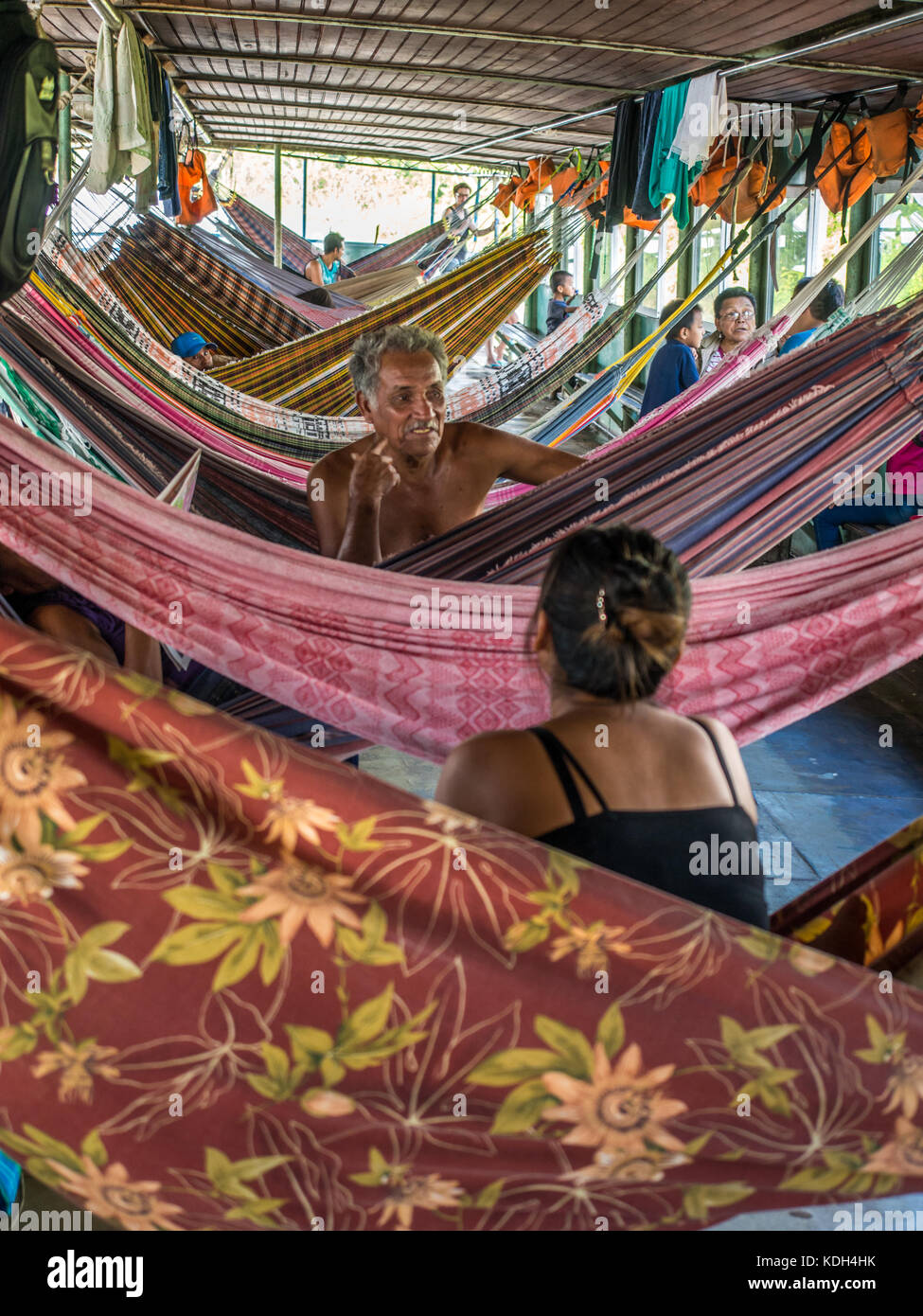 Amazon River, Peru - May 13, 2016: Beautiful, colorful hammocks and ...