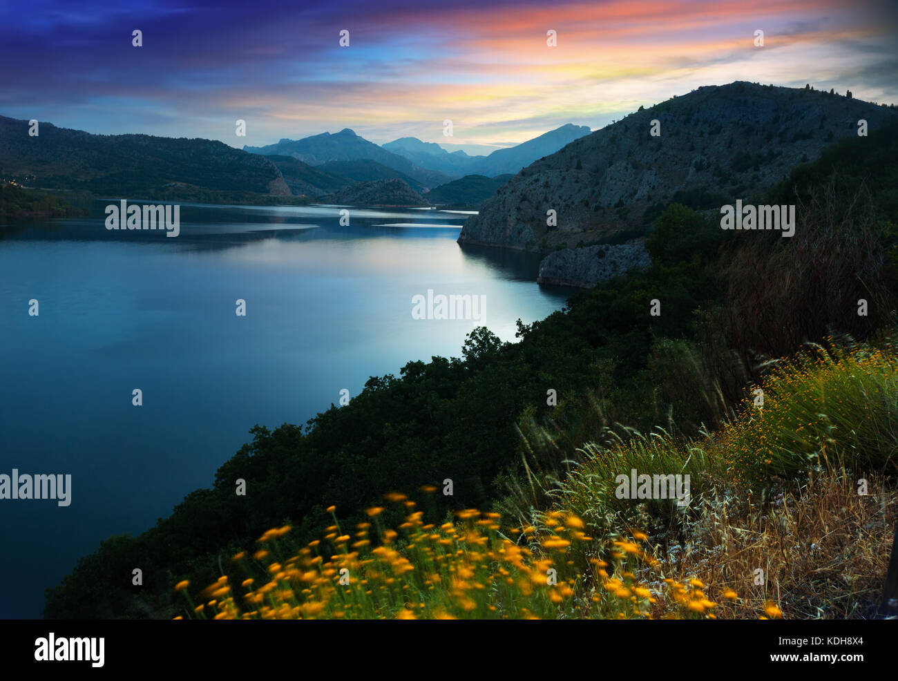 mountains lake in summer twilight. Barrios de Luna reservoir. Leon ...