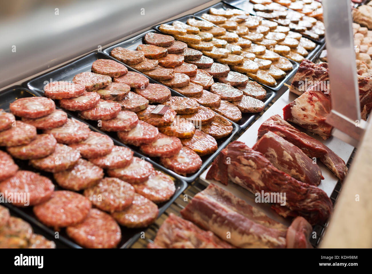burger assort on counter in bakers shop, close up Stock Photo - Alamy