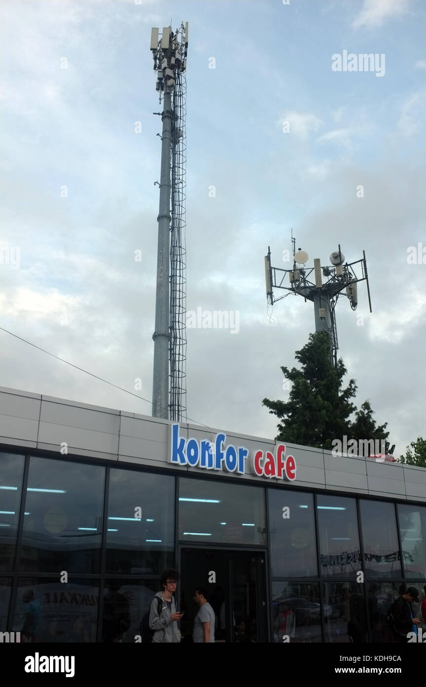 Istanbul, Turkey - August 22, 2017: Mobile phone transmitter on top ...