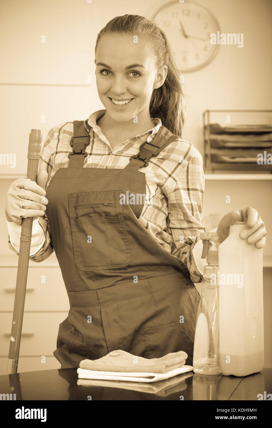 happy cleaner girl with chestnut hair working Stock Photo - Alamy