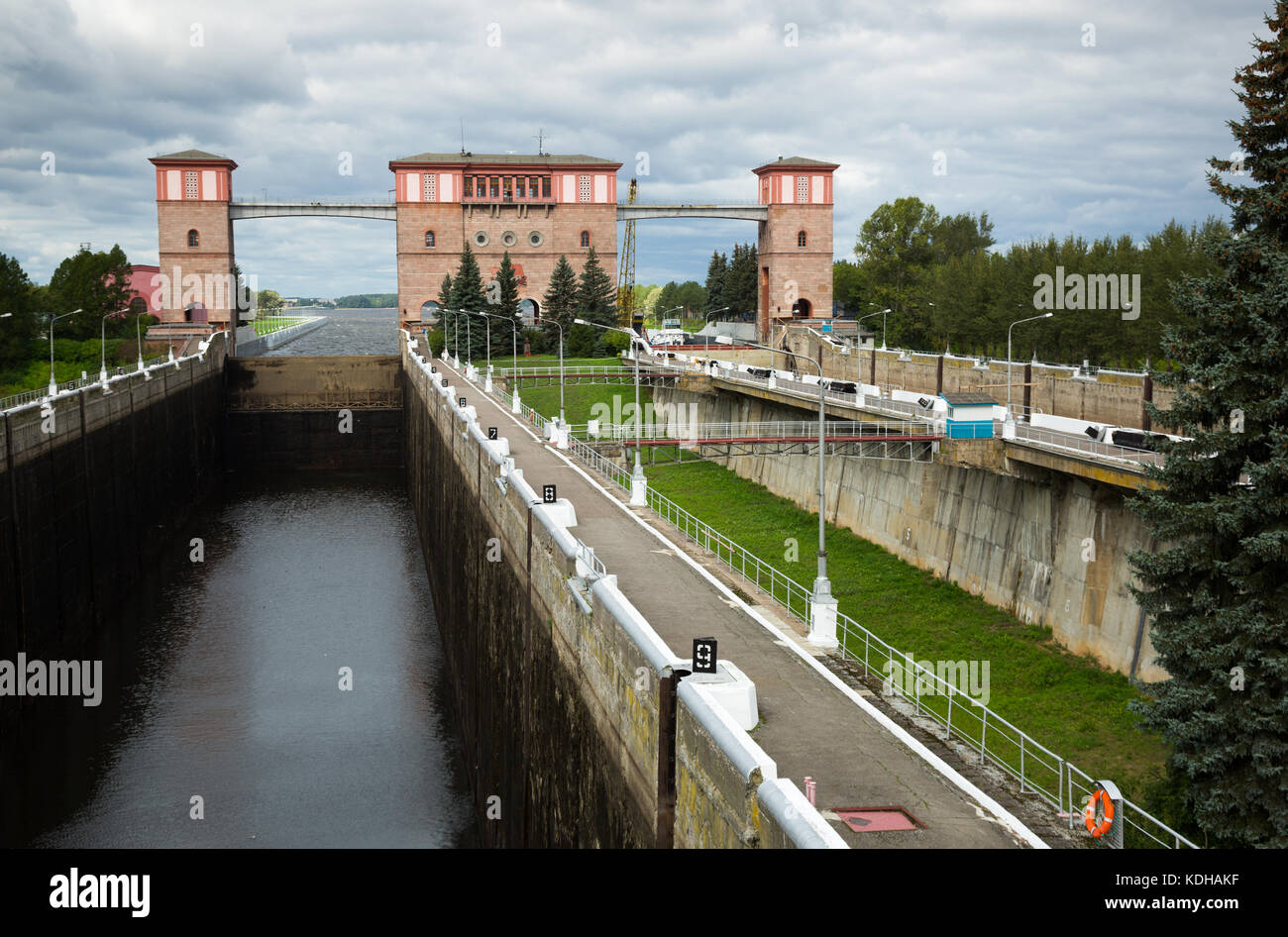 View on volga river sluice construction in Rybinsk, Russia Stock Photo ...