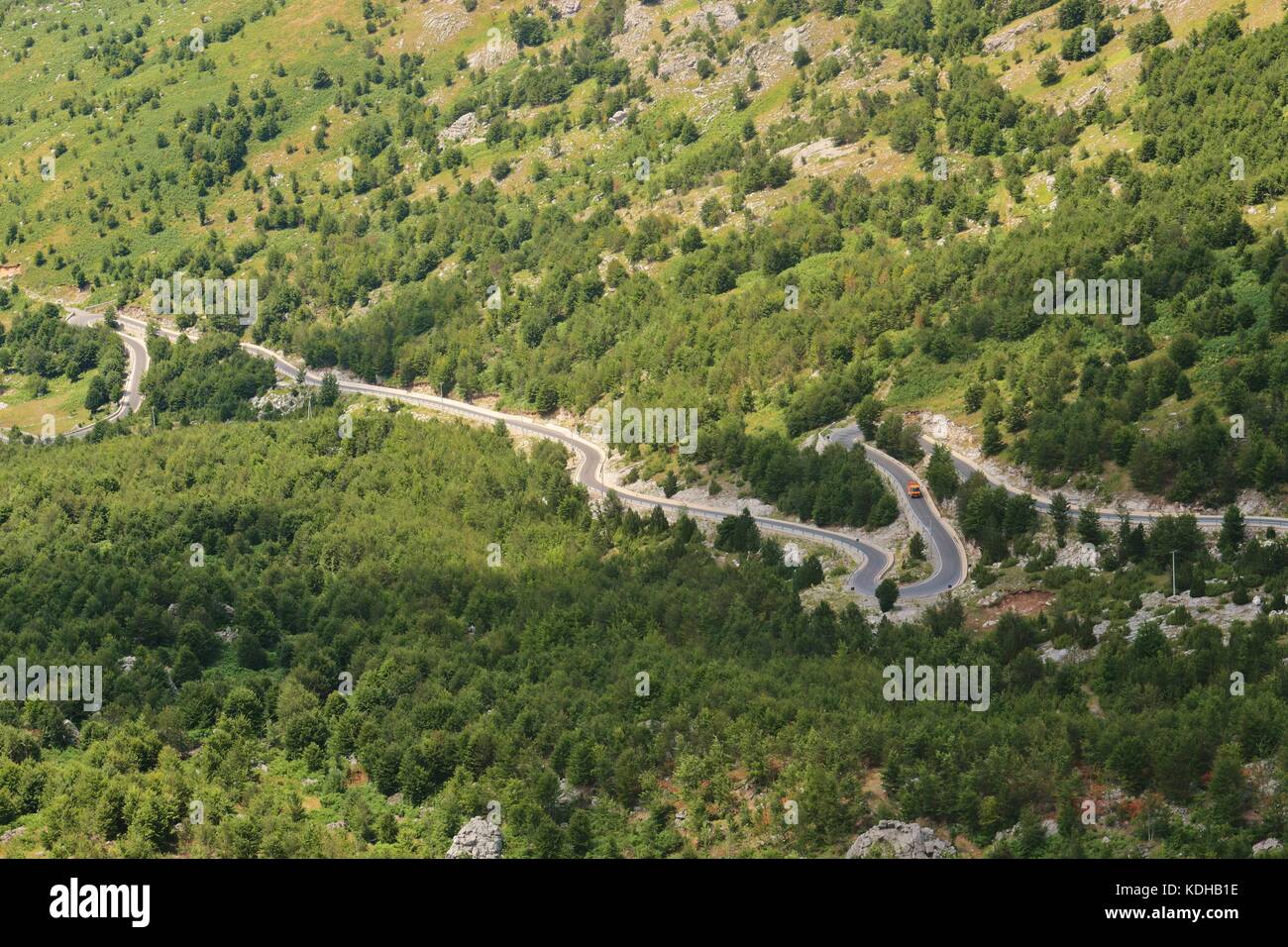 Serpentine road in the Theth National Park in North Albania. Southeast ...