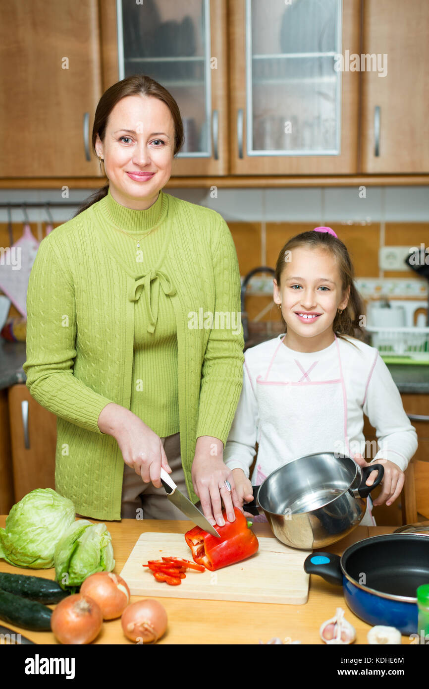 Mother and preschooler daughter preparing soup together at home kitchen ...