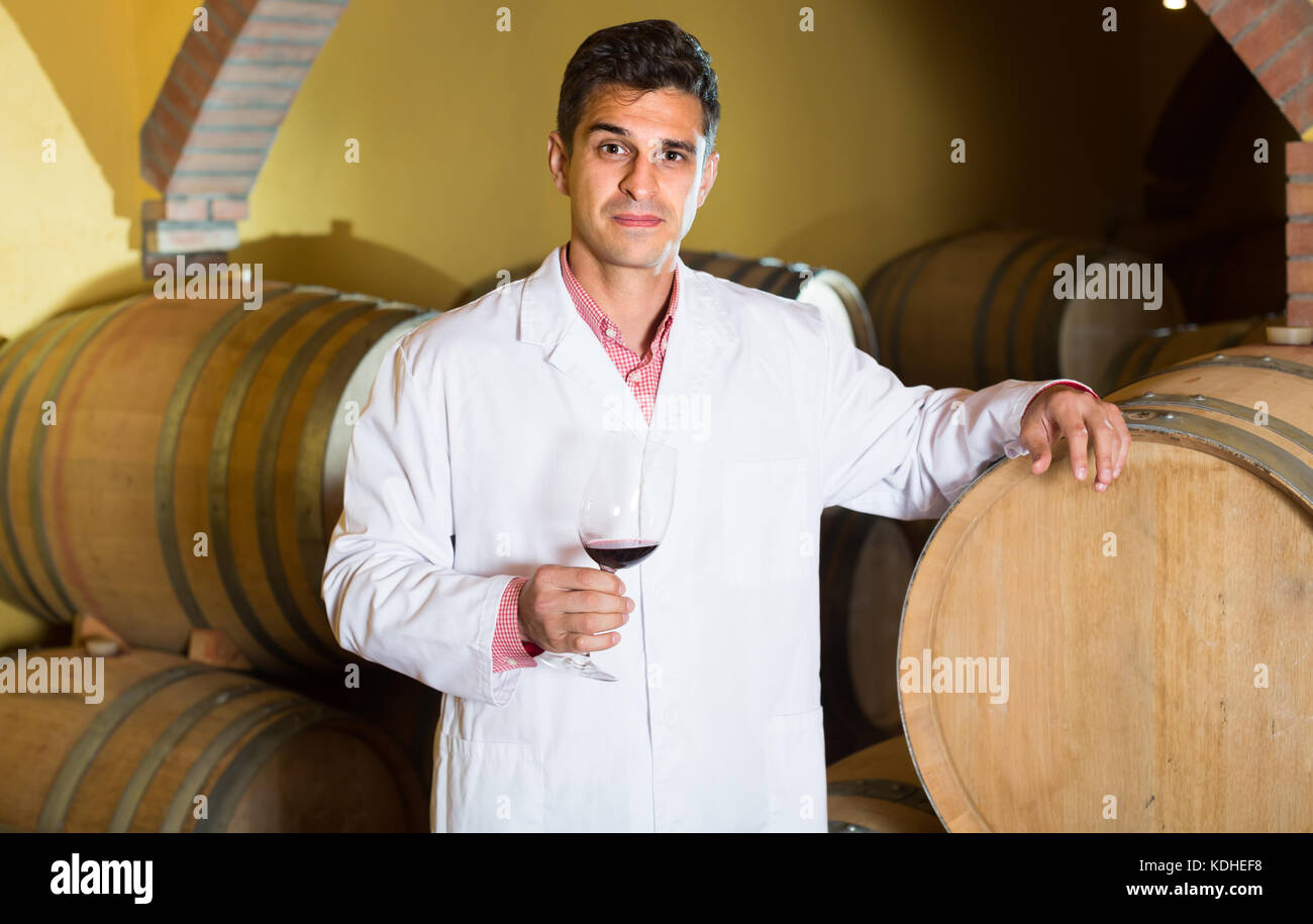 serious professional taster of winery posing with wine in cellar Stock ...
