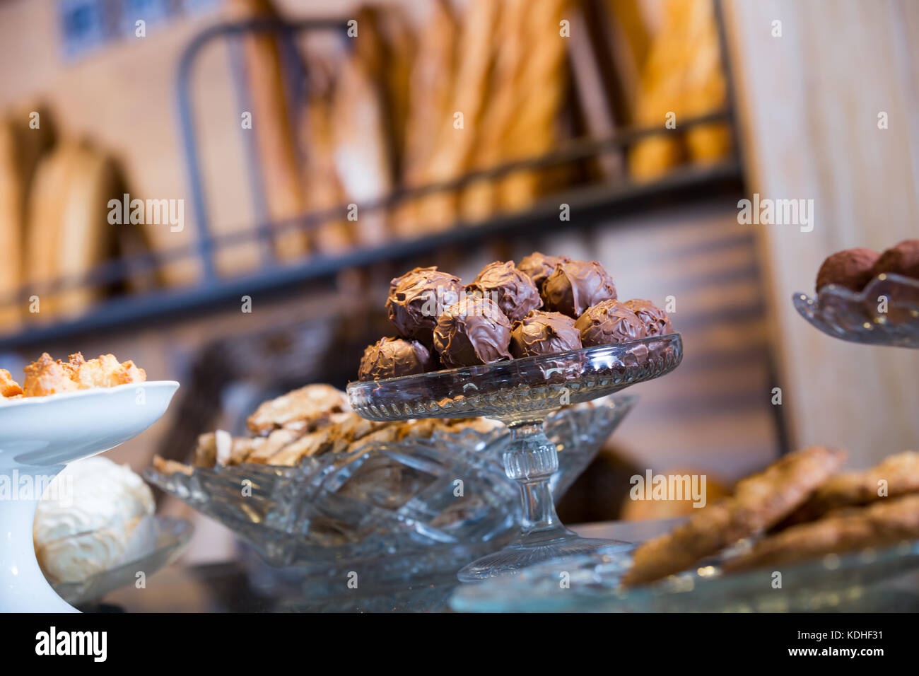 Delicious confectionary covered with milky chocolate icing at cafe ...