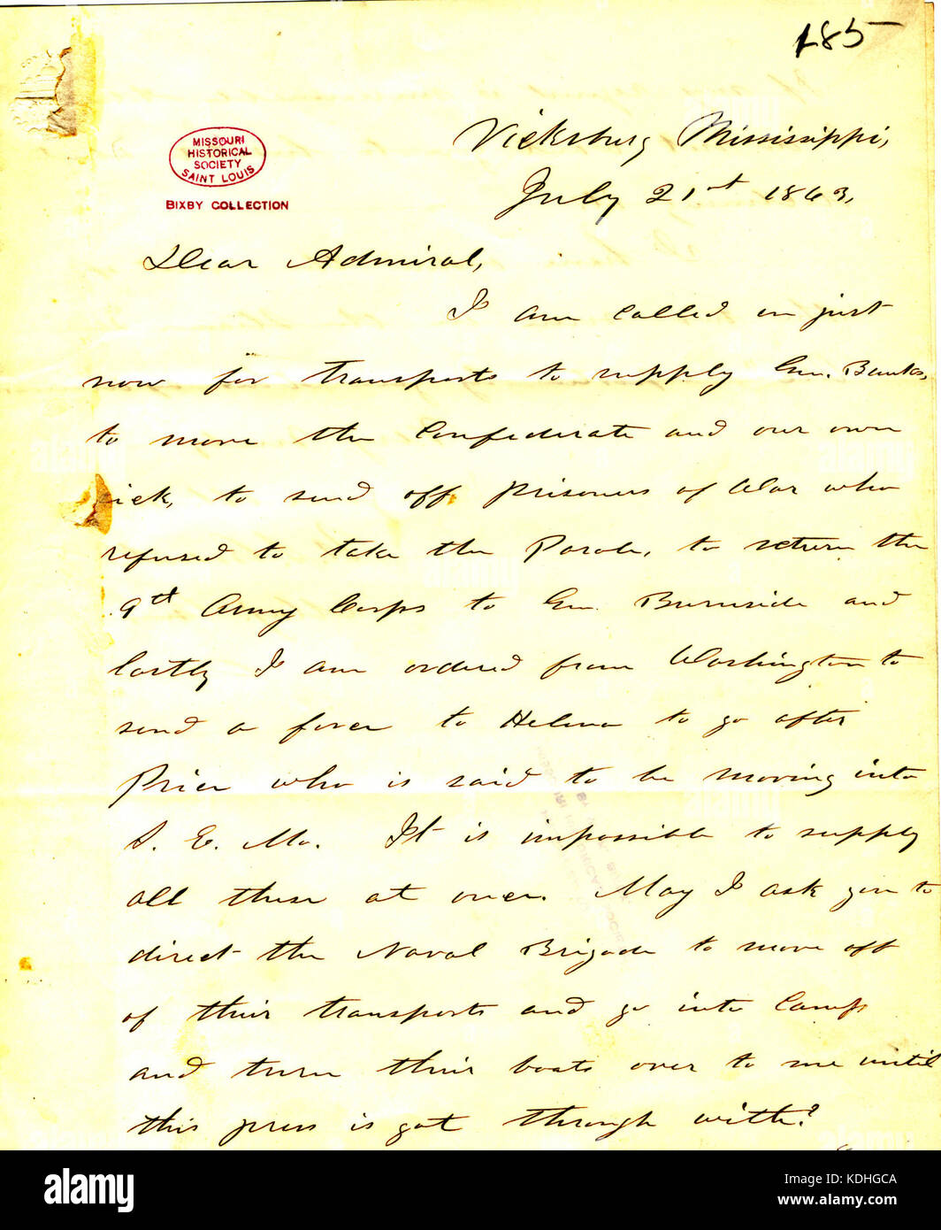 Letter from U. S. Grant, Vicksburg, Mississippi, to (David D.) Porter ...