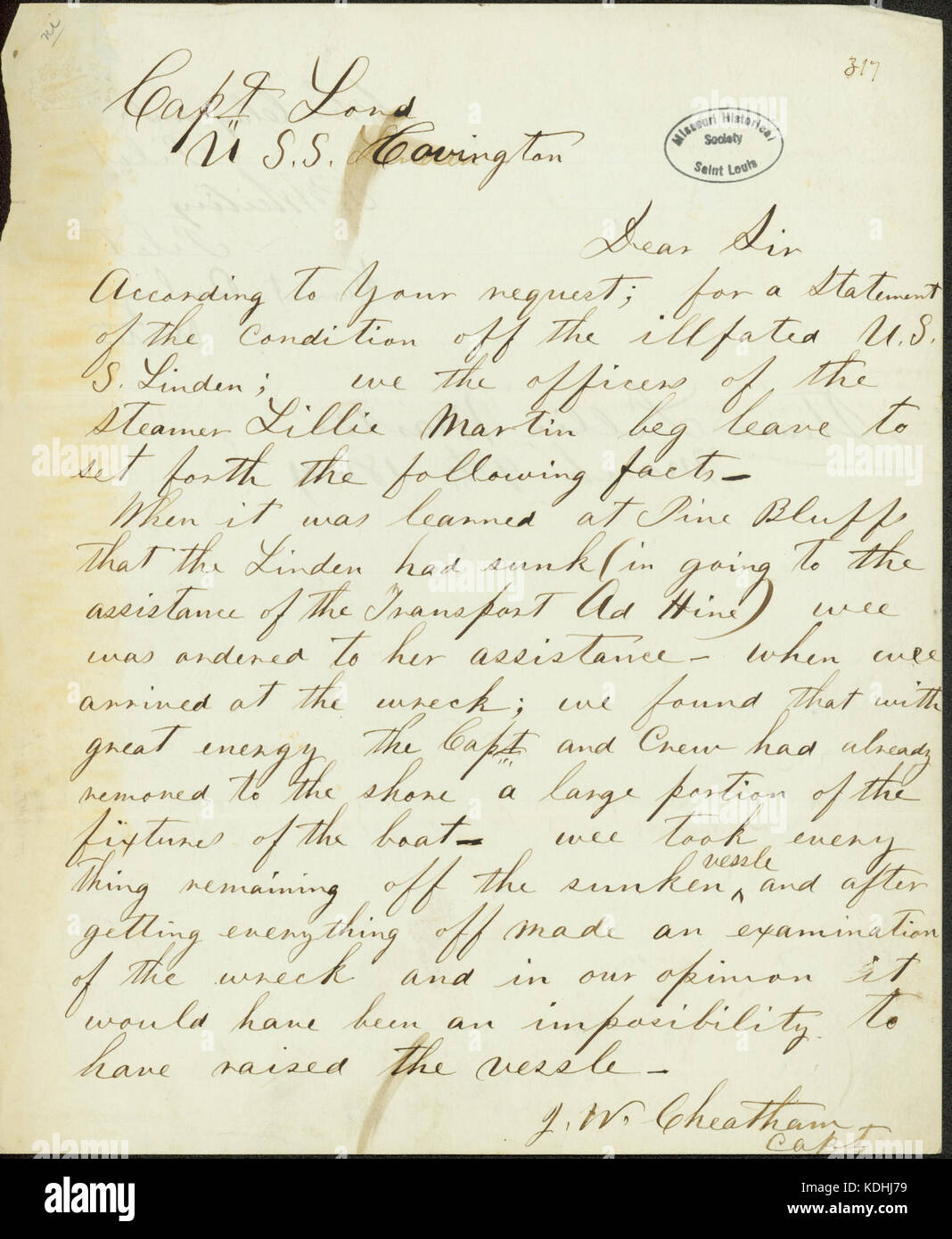 Letter signed Captain J.W. Cheatham, John Claycomb, P. Whiting, and ...