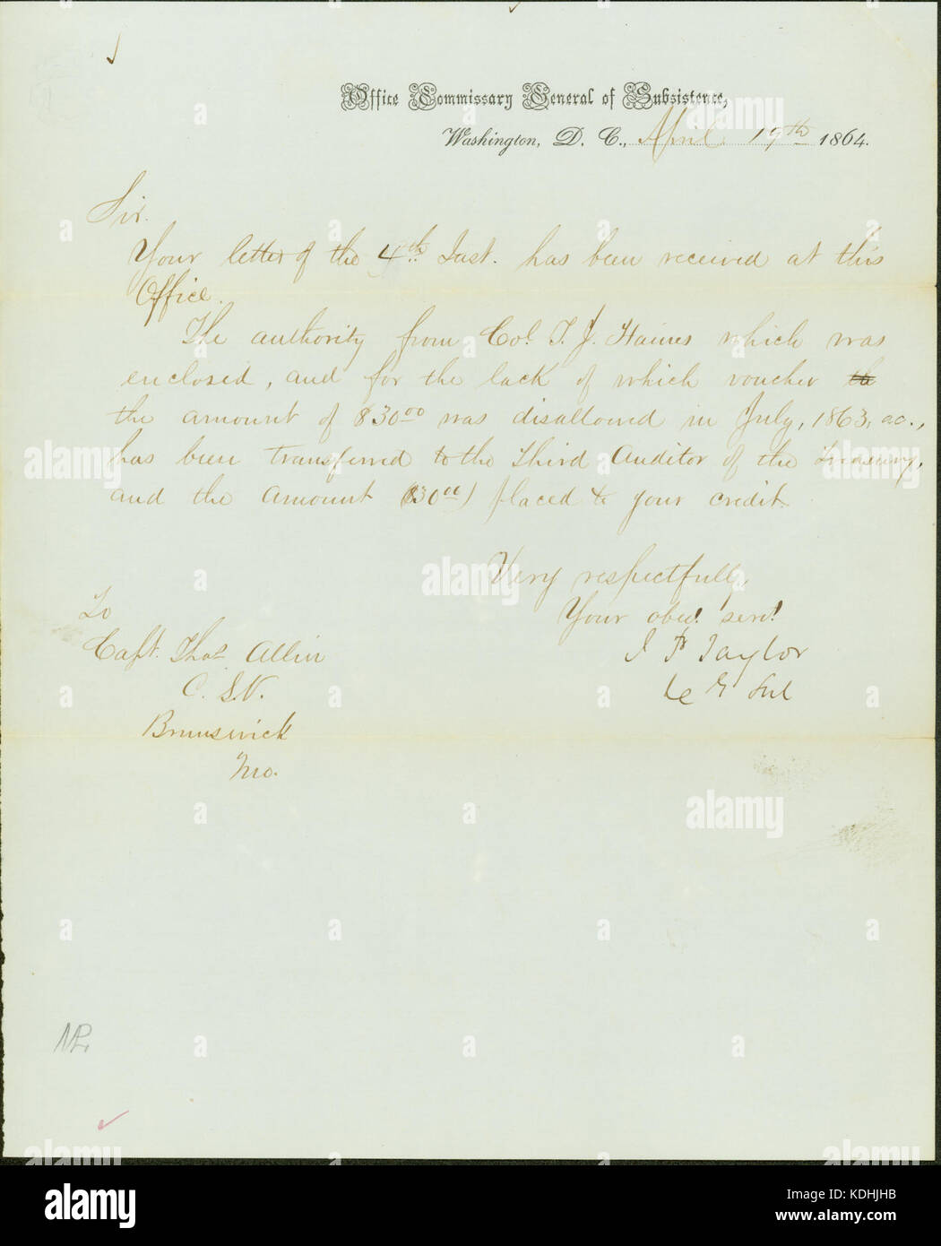 Letter signed I.T. Taylor, Office Commissary General of Subsistence ...