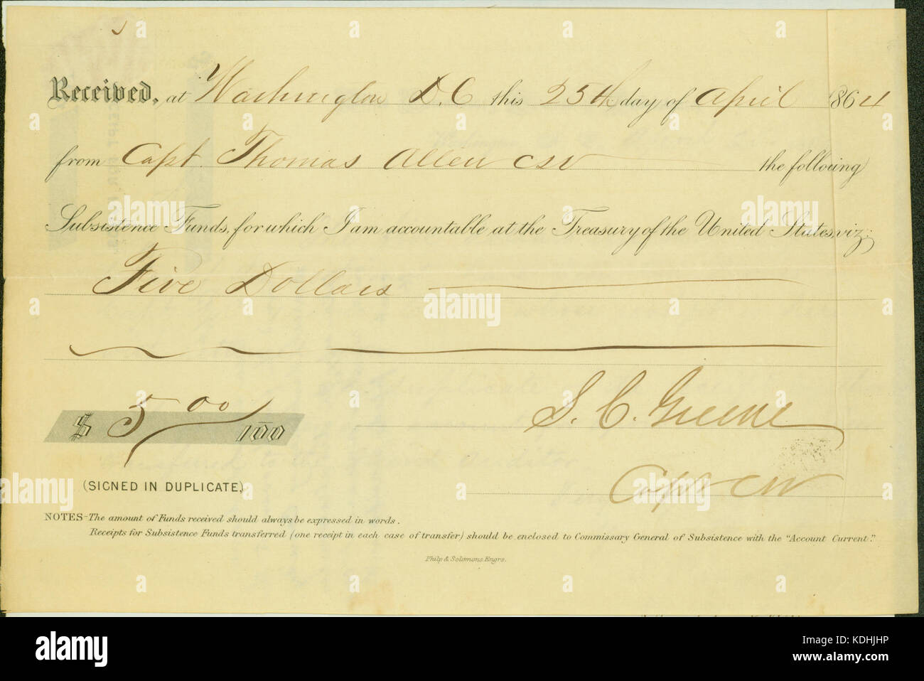 Receipt signed Captain S.C. Greene, and letter signed I.T. Taylor ...