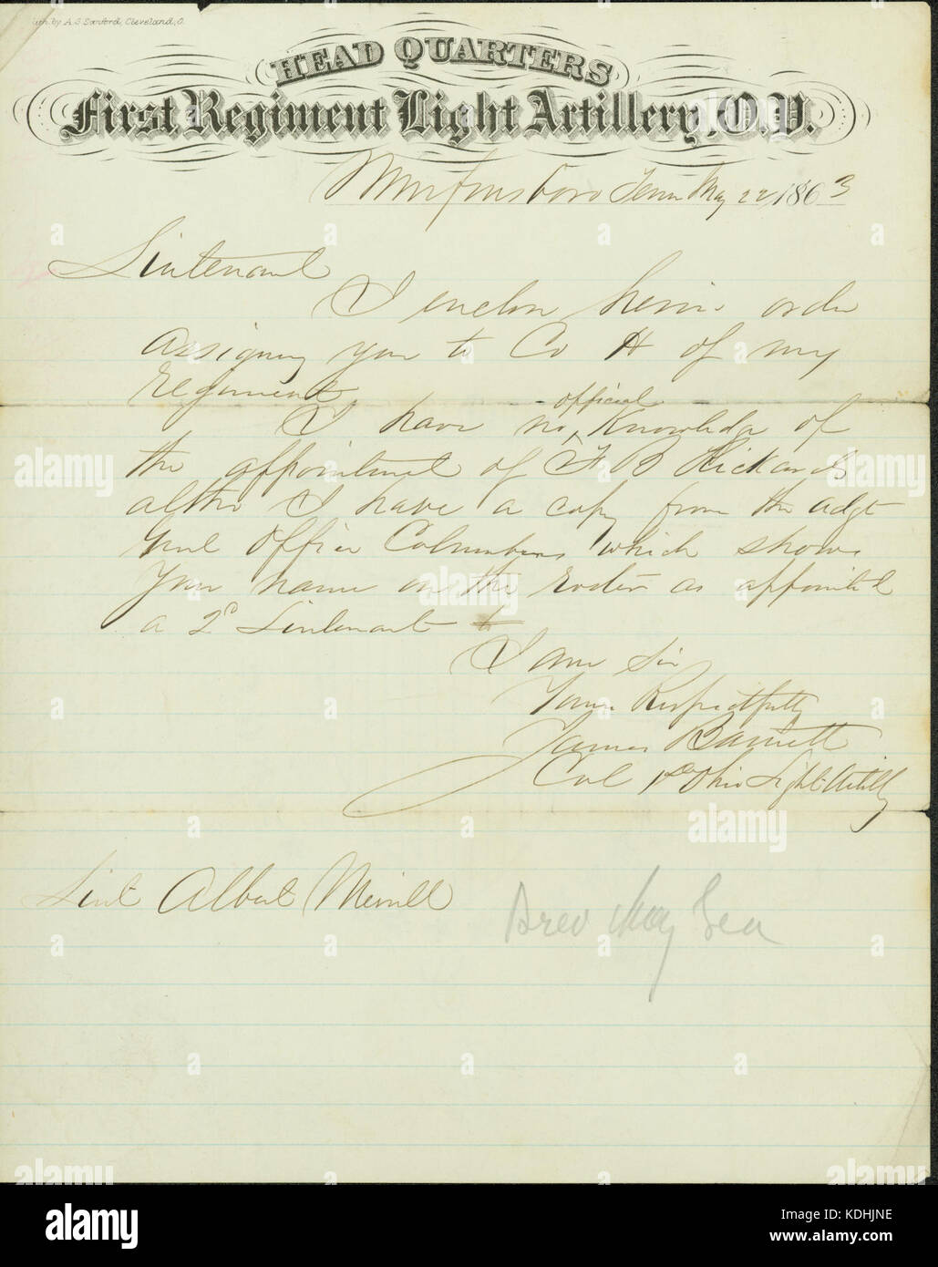 Letter signed Colonel James Barnett, Head Quarters, First Regiment ...