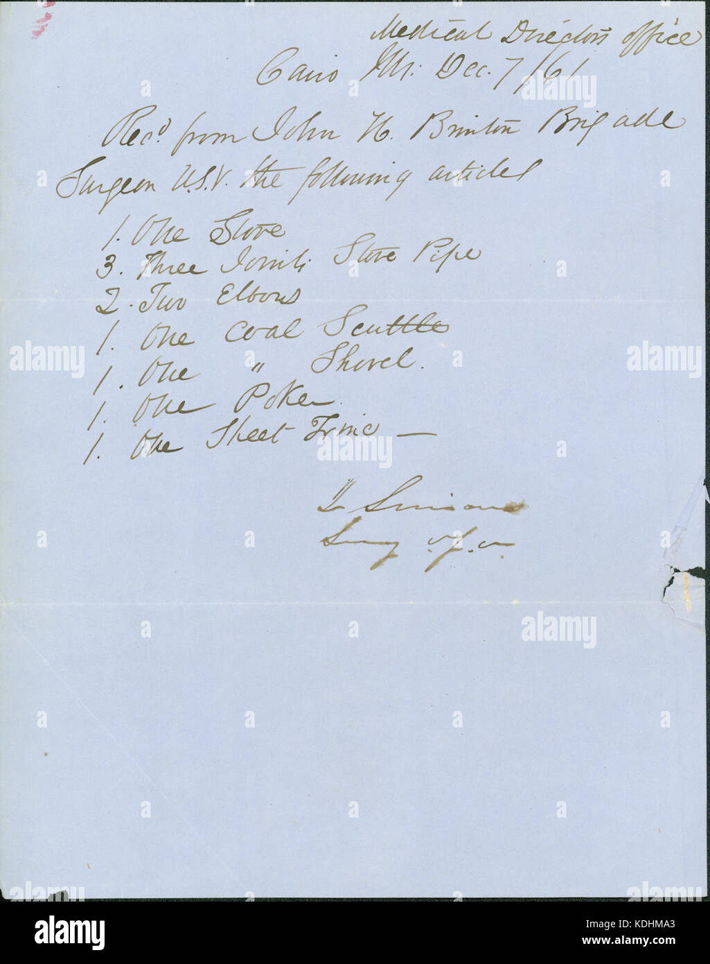 Receipt signed I. Simons, Medical Director's Office, Cairo, Illinois ...