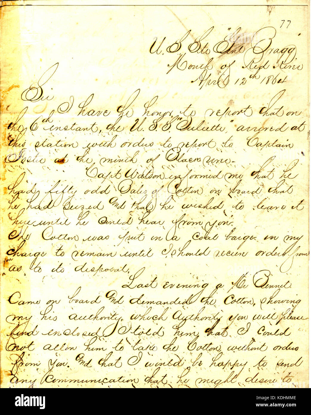 Letter from C(yrenus) Dominey, steamer General Bragg, mouth of Red ...
