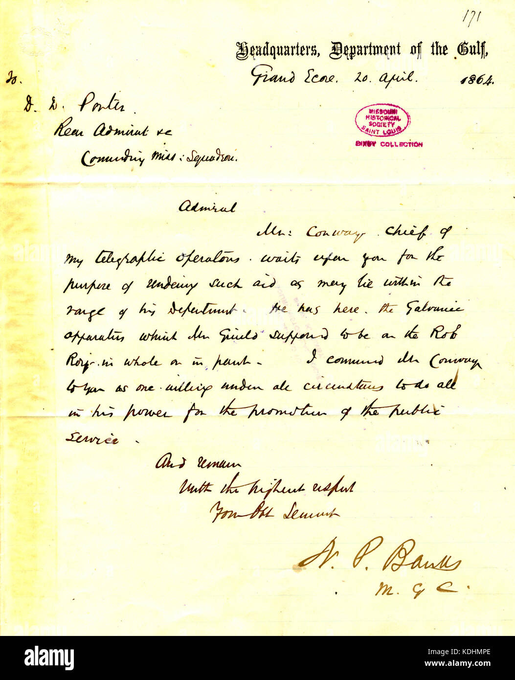 This historical letter, dated April 20, 1864, is from N.P. Banks ...