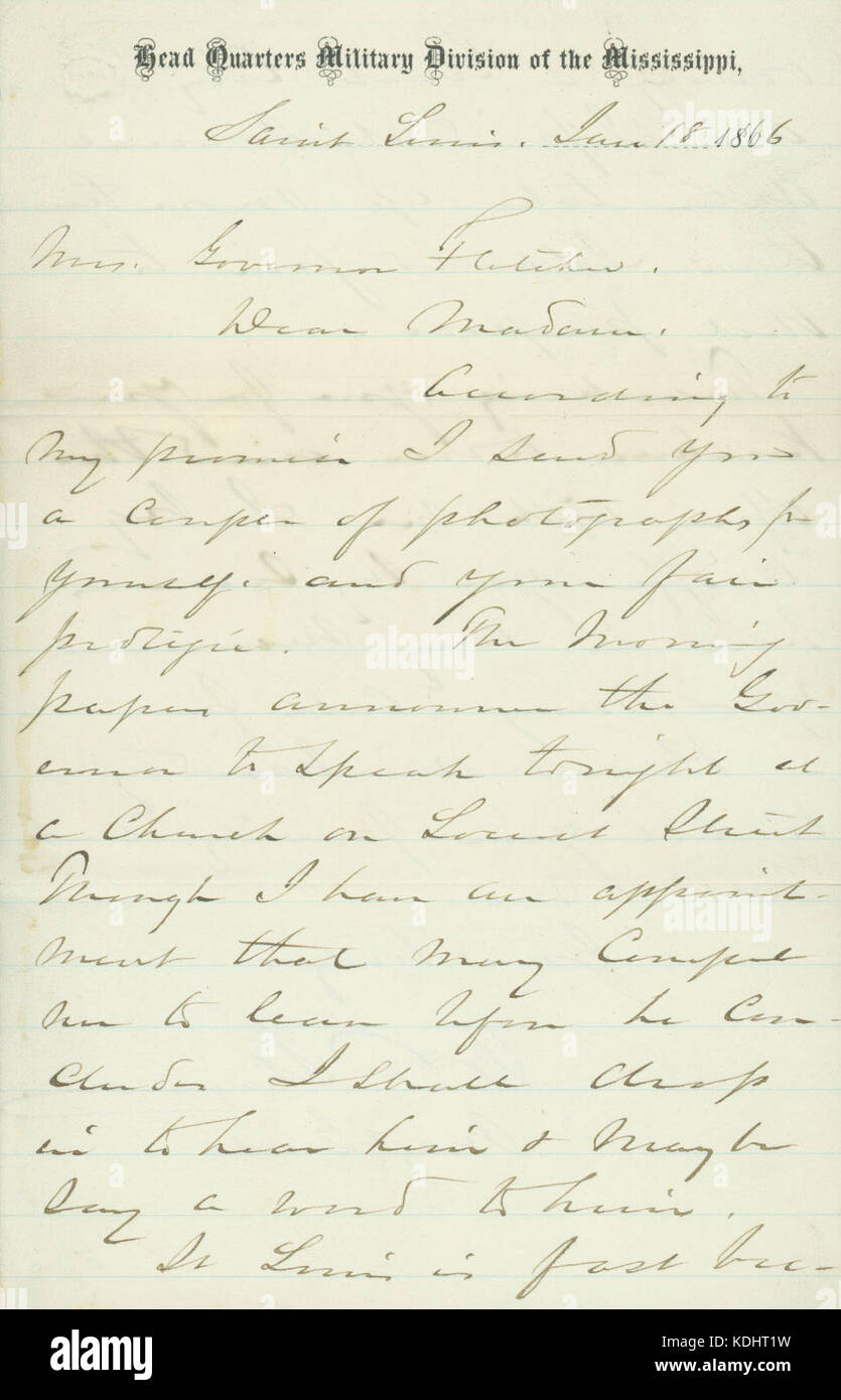 Letter signed W.T. Sherman, St. Louis, to Mrs. Thomas C. Fletcher ...
