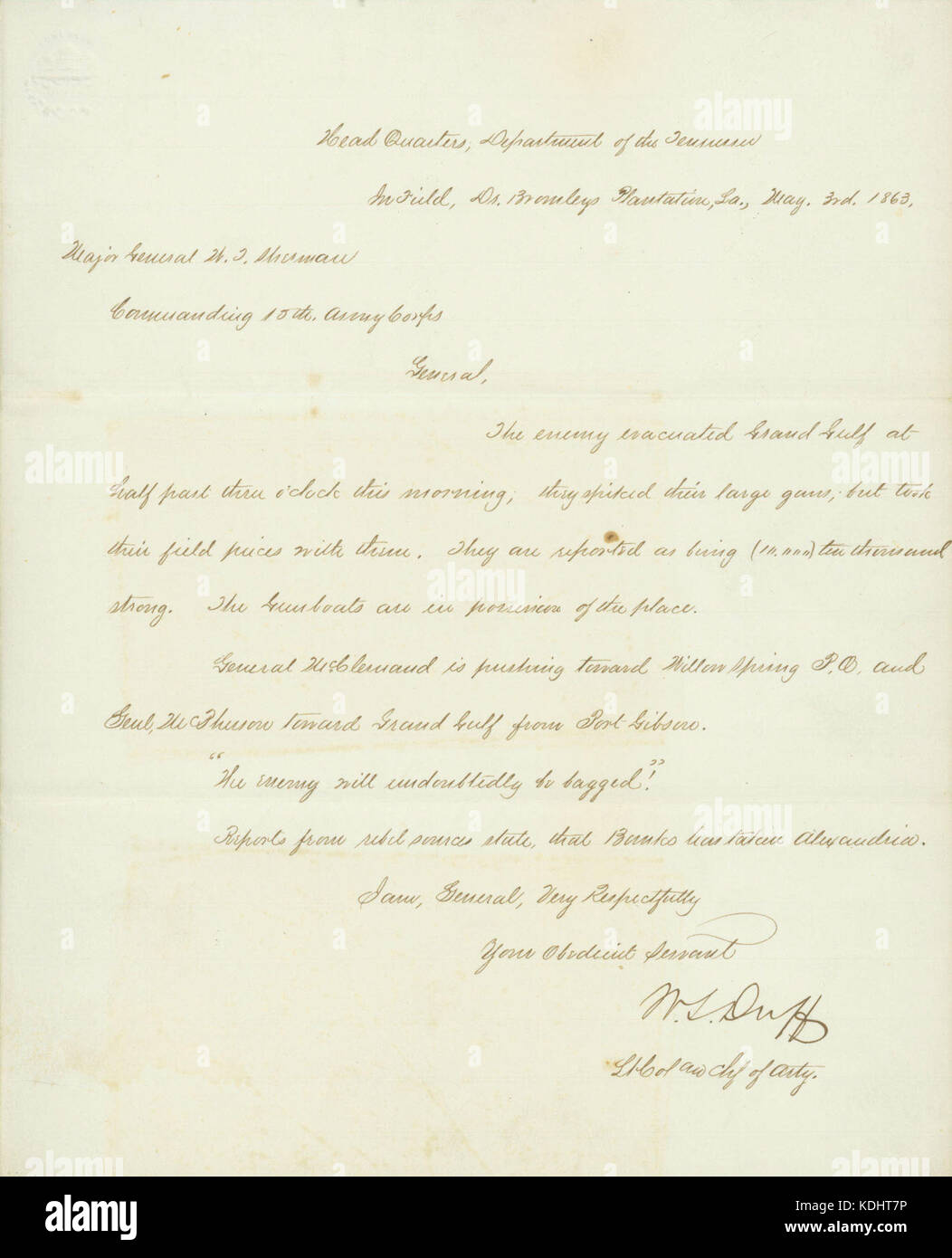 Letter signed W.S. Duff, Head Quarters, Department of the Tennessee, in ...