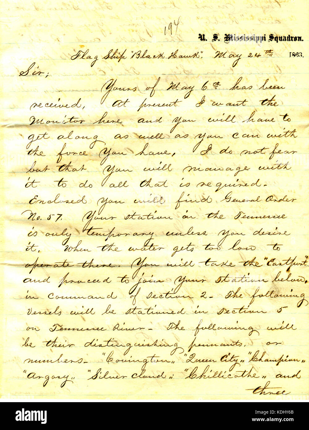 Letter from David D. Porter, U. S. S. Black Hawk, to Seth Ledyard ...