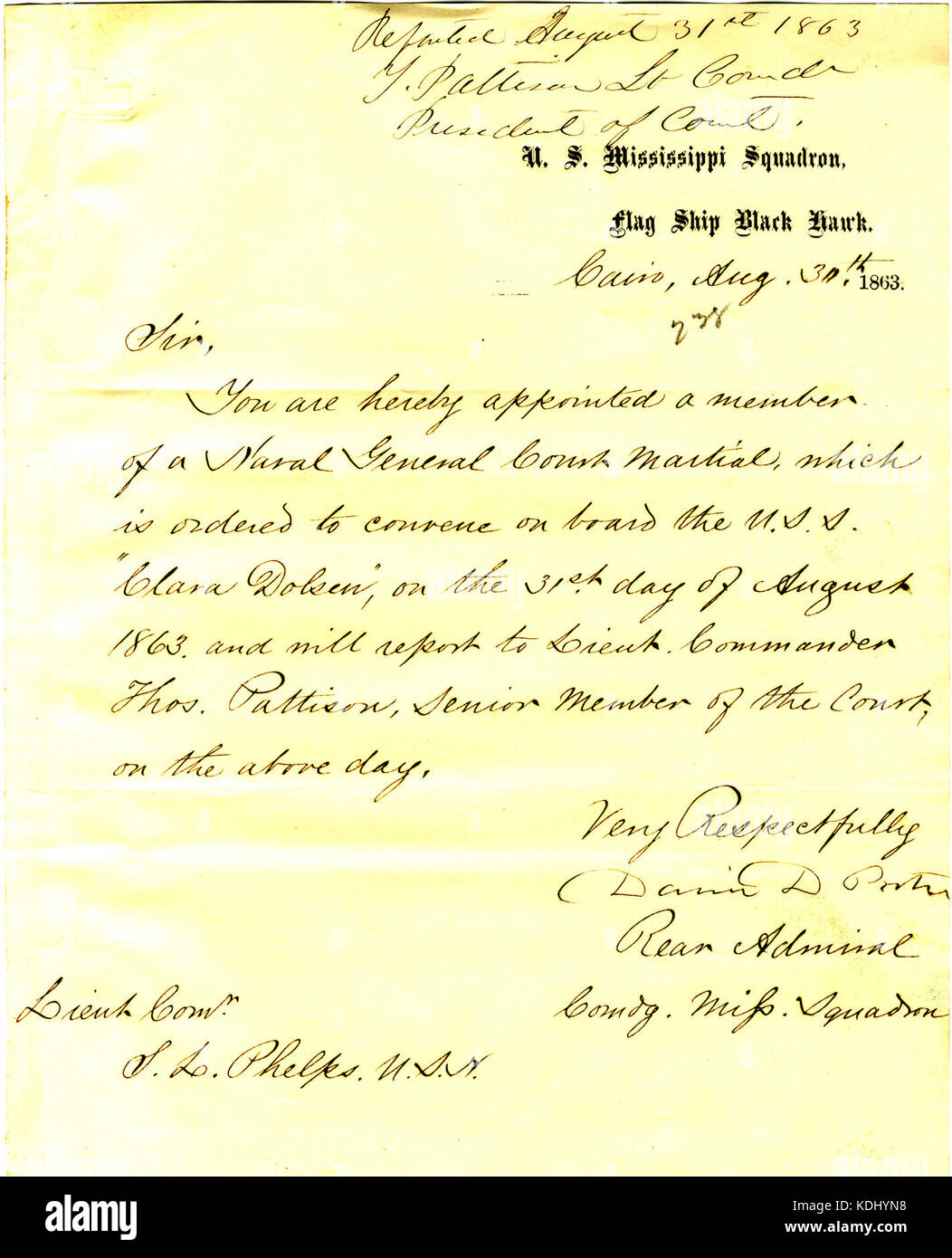 Letter from David D. Porter, U. S. S. Black Hawk, Cairo, Illinois, to ...