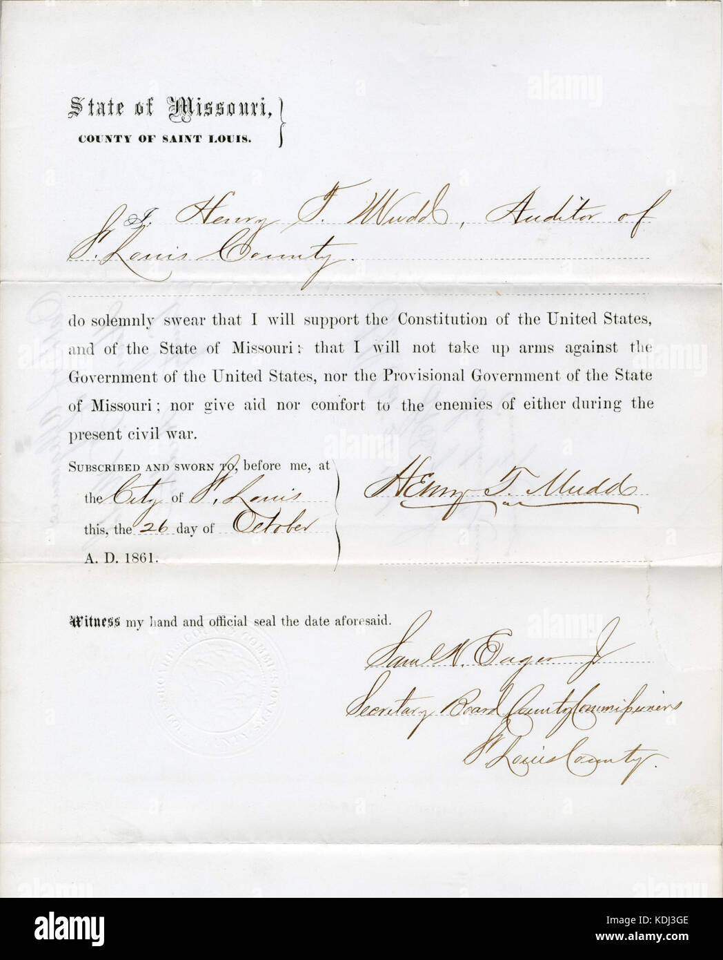 This image displays the loyalty oath taken by Henry T. Mudd in Missouri ...